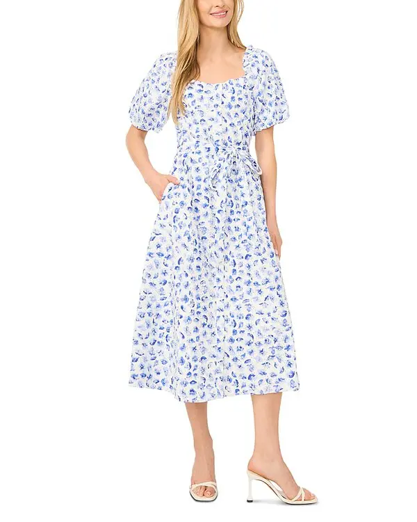 CECE DUPRAZ Floral Eyelet Puff Sleeve Midi Dress - Bellflower Blue