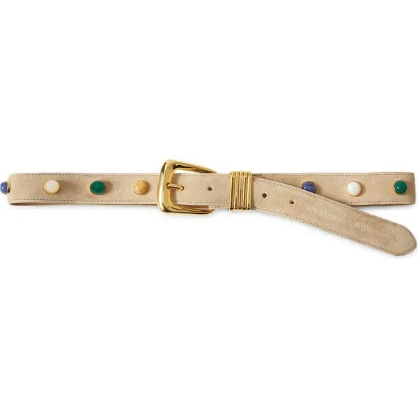 Veronica Beard Arch Stone Embellished Suede Belt - Stone Khaki