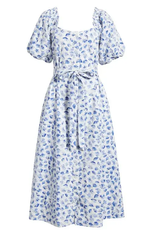 CECE DUPRAZ Floral Puff Sleeve Cotton Midi Dress - Bellflower Blue