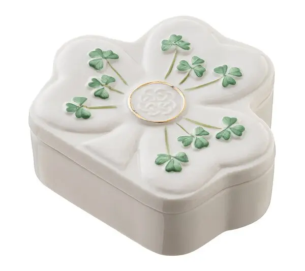 BELLEEK Pottery Shamrock Shaped Trinket Box - One-color