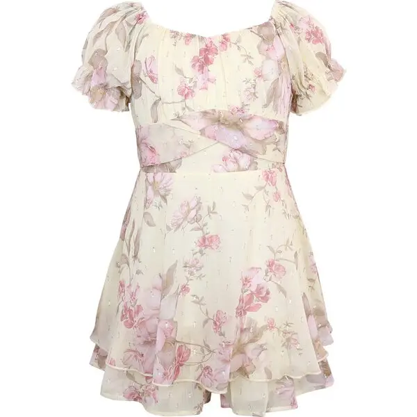 ZUNIE Floral Print Puff Sleeve Romper - Yellow/pink