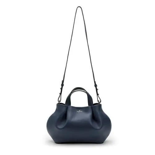 LA PORTEGNA Isabela Sculpted Full Grain Leather Shoulder Bag - Navy