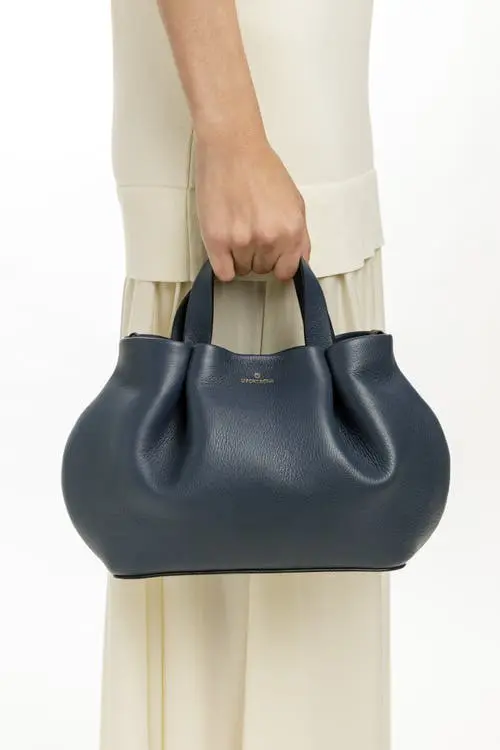 LA PORTEGNA Isabela Sculpted Full Grain Leather Shoulder Bag - Navy