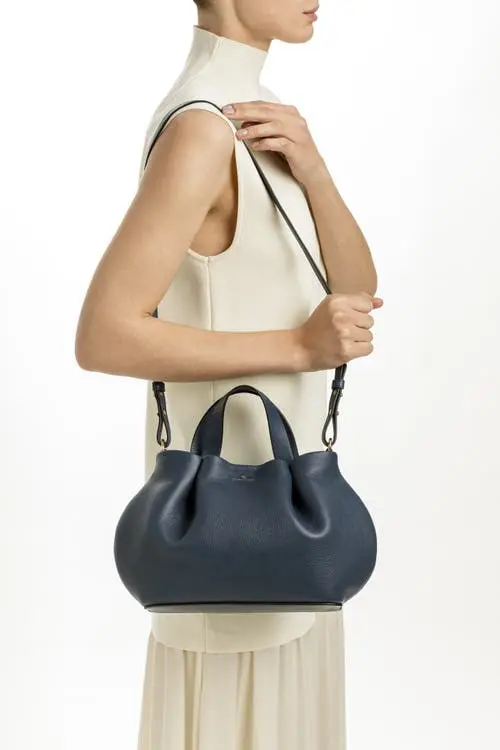 LA PORTEGNA Isabela Sculpted Full Grain Leather Shoulder Bag - Navy