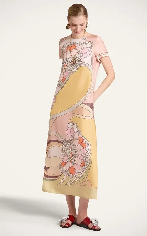 La DoubleJ Swing Tulip-print Silk Twill Dress - Tulip Placée Pale Pink