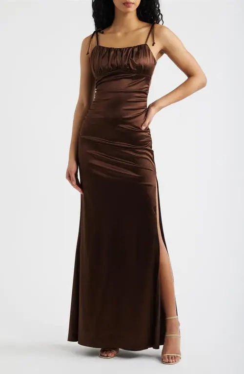 EMERALD SUNDAE Ruched Tie-strap Satin Gown - Chocolate