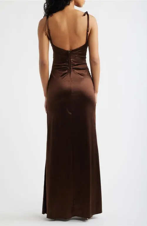 EMERALD SUNDAE Ruched Tie-strap Satin Gown - Chocolate