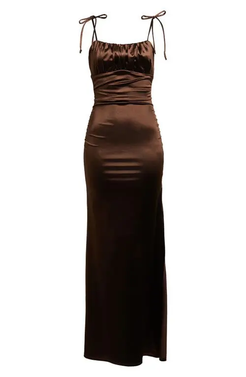 EMERALD SUNDAE Ruched Tie-strap Satin Gown - Chocolate