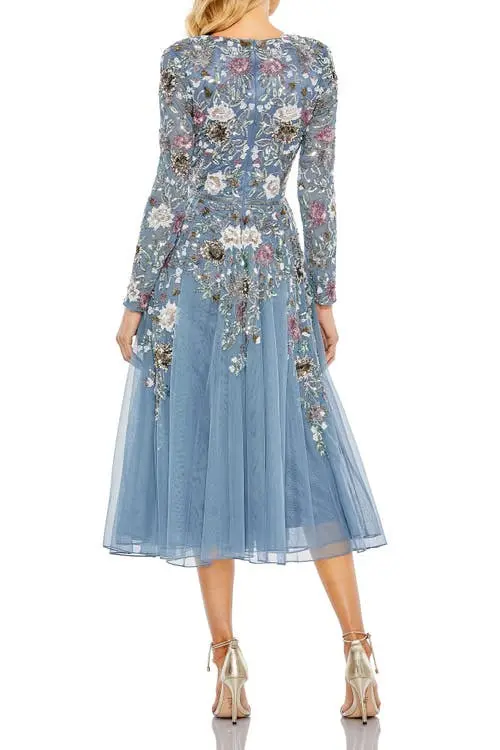 Mac Duggal Floral-embellished V-neck Long Sleeve Dress