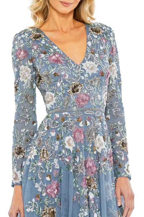 Mac Duggal Floral-embellished V-neck Long Sleeve Dress