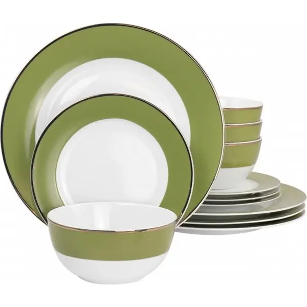 MARTHA STEWART Gold Rimmed 12 Piece Fine Ceramic Dinnerware Set - Green