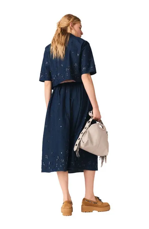 Maje Embroidered Cropped Denim Shirt - Navy
