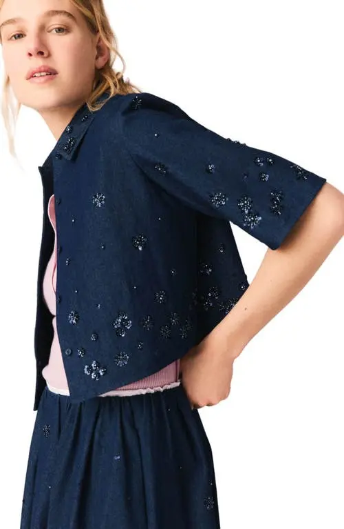 Maje Embroidered Cropped Denim Shirt - Navy