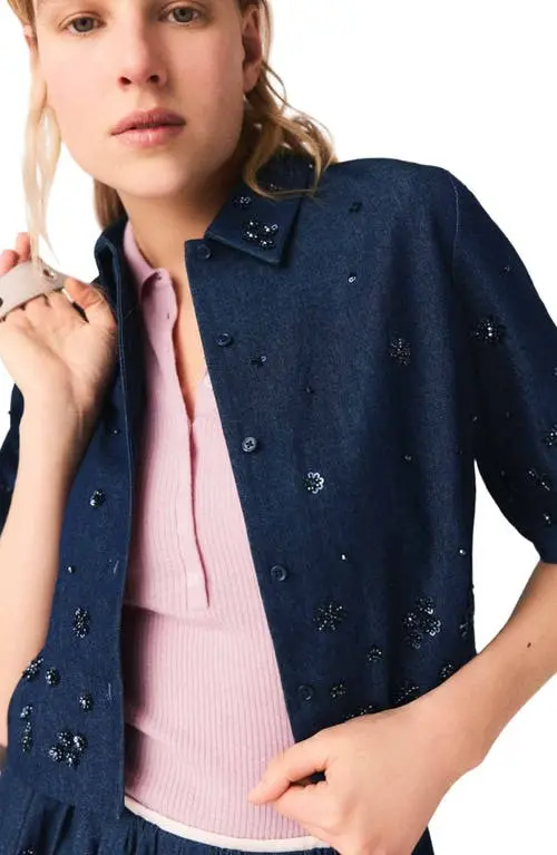 Maje Embroidered Cropped Denim Shirt - Navy