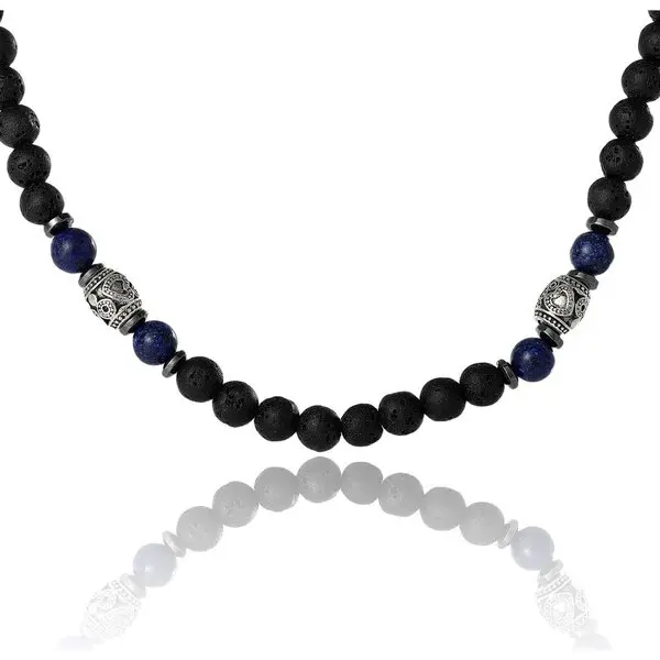 Lucky Brand Lava Rock & Lapis Beaded Necklace, Silver-tone Barrel Accents - Black