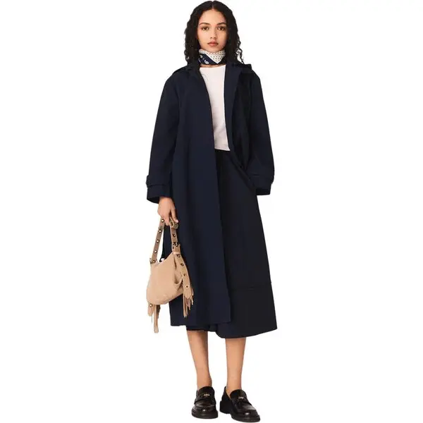 Maje Removable Rhinestone-hood Trench - Navy