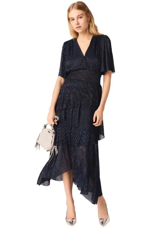 Maje Metallic Ruffled Midi Wrap Dress - Navy