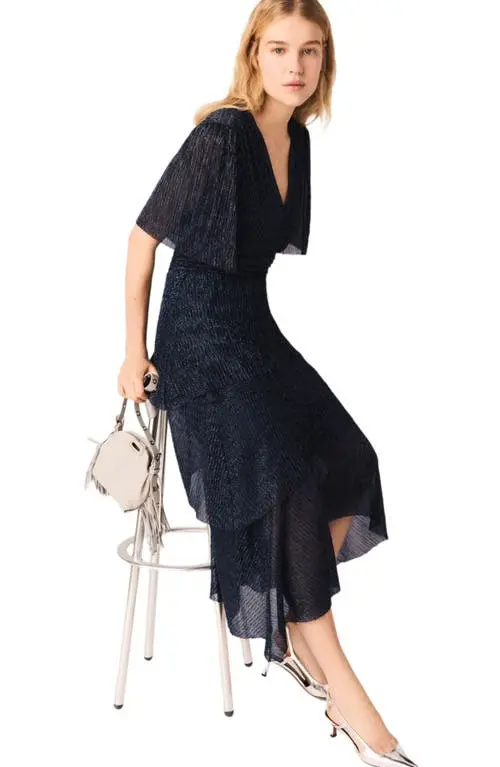 Maje Metallic Ruffled Midi Wrap Dress - Navy