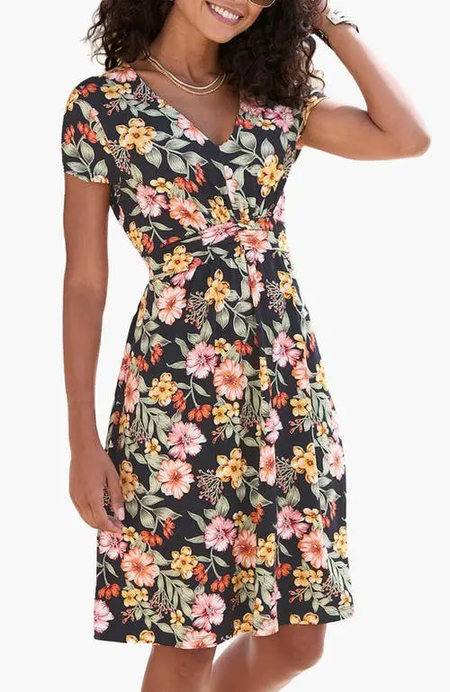 LASCANA Floral V-neck Belted A-line Dress - Black Printed