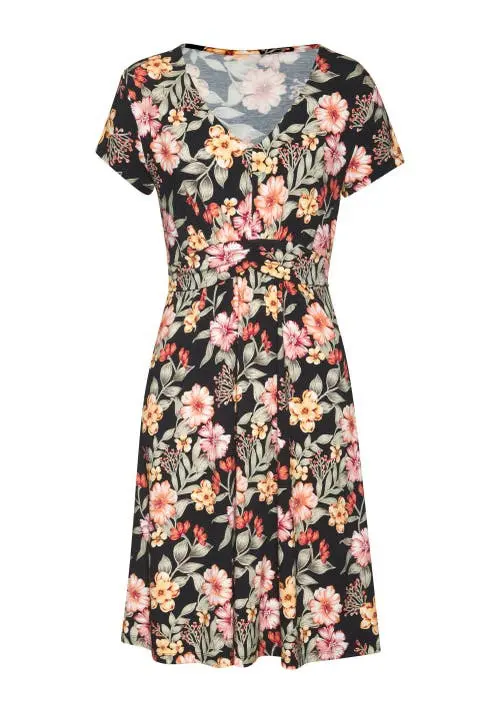 LASCANA Floral V-neck Belted A-line Dress