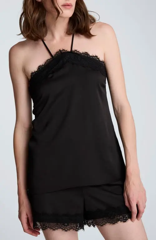 KENNETH COLE Eyelash Lace Trim Satin Top - Black