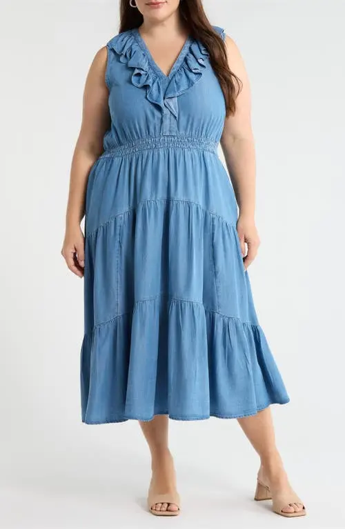 Caslon Ruffle Neck Sleeveless Chambray Midi Dress