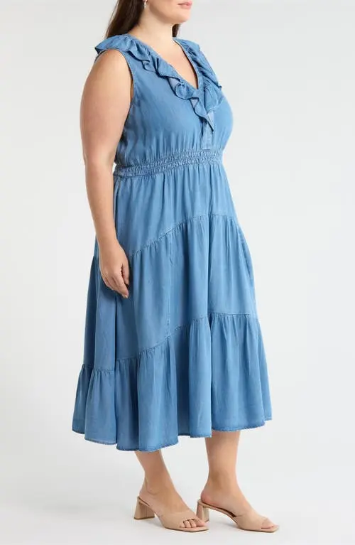 Caslon Ruffle Neck Sleeveless Chambray Midi Dress