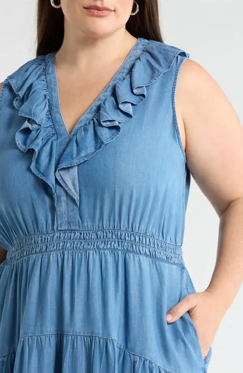 Caslon Ruffle Neck Sleeveless Chambray Midi Dress