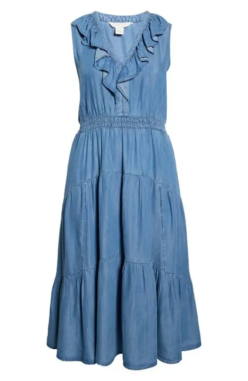 Caslon Ruffle Neck Sleeveless Chambray Midi Dress
