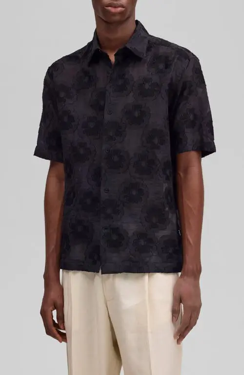Nn07 Freddy 50045 Embroidered Floral Short Sleeve Cotton Blend Button-up Shirt - Black