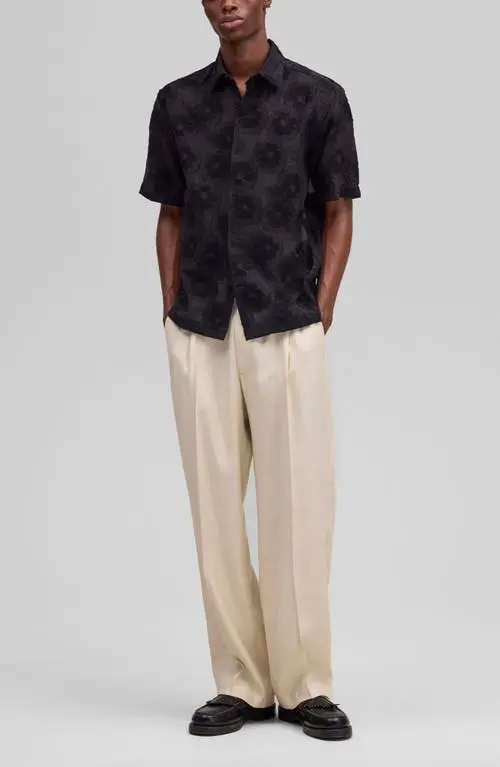 Nn07 Freddy 50045 Embroidered Floral Short Sleeve Cotton Blend Button-up Shirt - Black