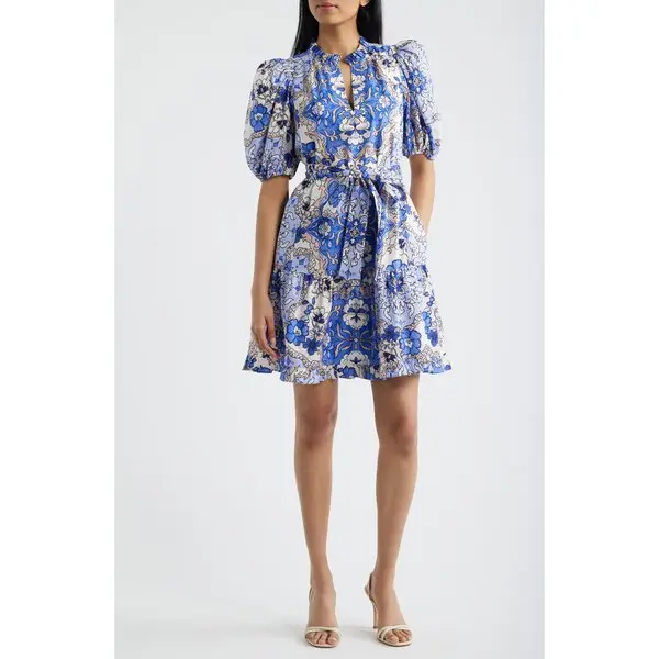 Vince Camuto Puffy Sleeve Printed Mini Dress - Blue Multi