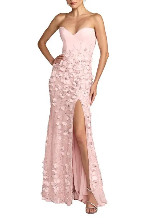 Mac Duggal Floral Satin Strapless Sweetheart Gown With Slit - Blush
