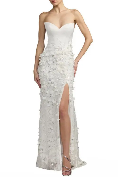 Mac Duggal Floral Satin Strapless Sweetheart Gown With Slit - Ivory