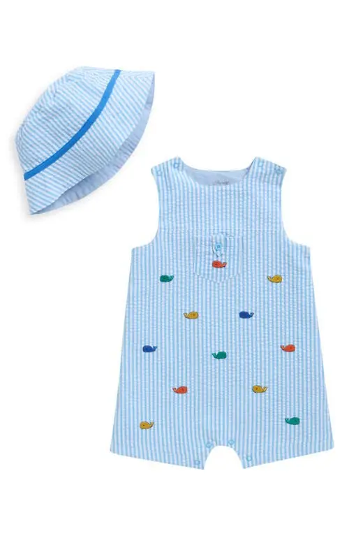 LITTLE ME Whales Cotton Seersucker Romper & Bucket Hat Set - Blue