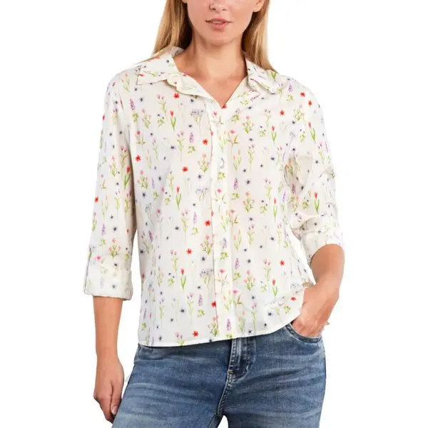 BILLY T Cotton Blend Button-up Shirt With Roll-tab Cuffs - Meadow Spritz