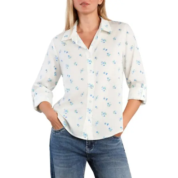 BILLY T Cotton Blend Button-up Shirt With Roll-tab Cuffs - Pressed Petals