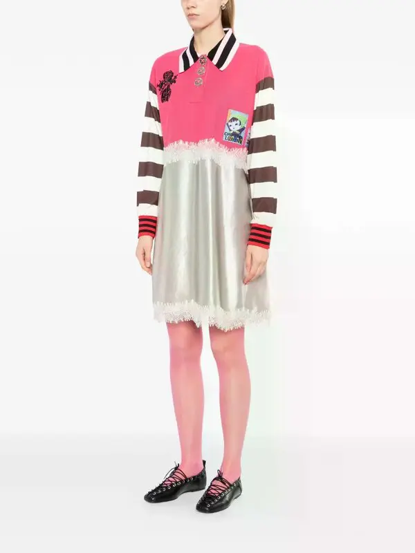 contrast collar dress pink ROMWE Kawaii Contrast Collar Ruffle Trim Puff Sleeve Dress