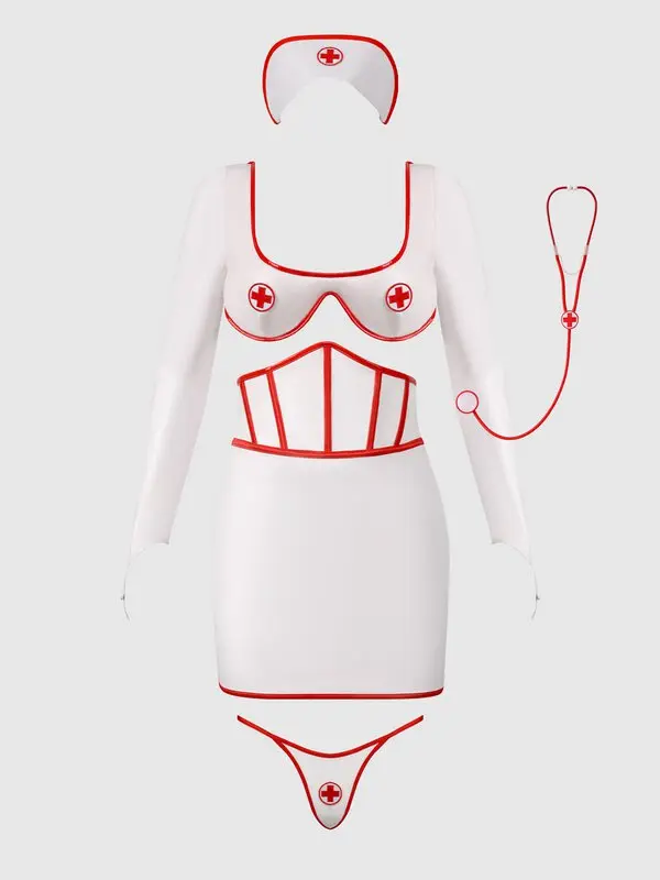 Frederick's Of Hollywood First Aid Bra Top & Open Back Skirt Set - White
