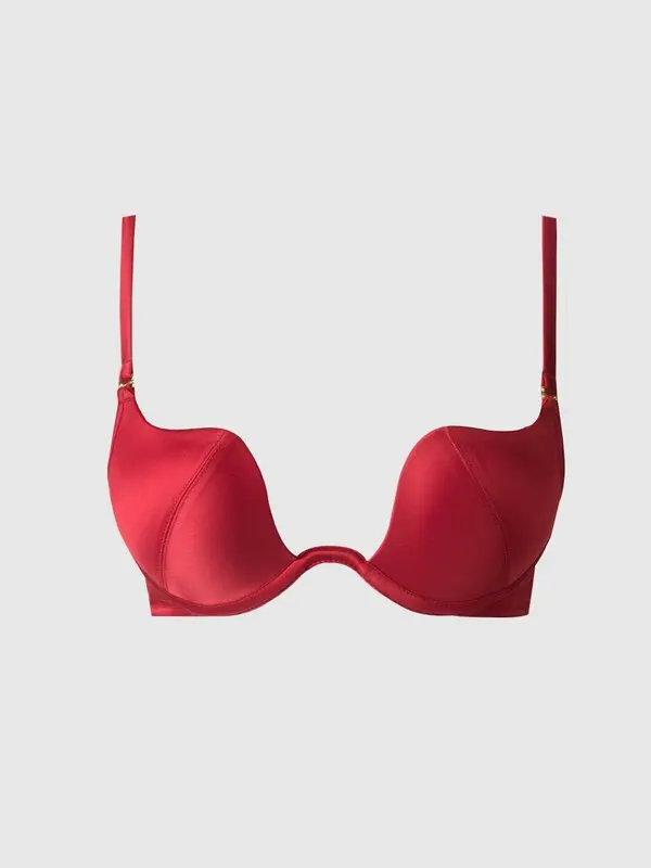 Frederick's Of Hollywood Rising Star Plunge Push Up Bra In Petra Satin - Crimson Red