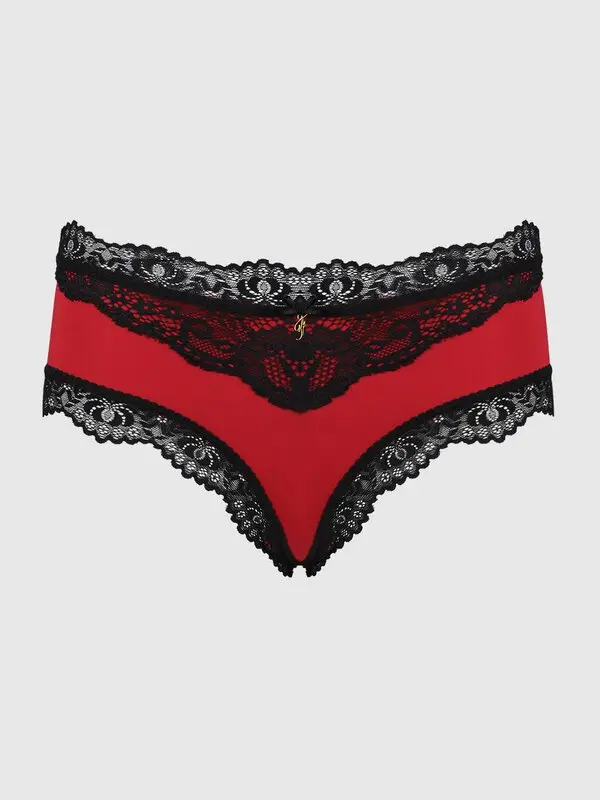 Frederick's Of Hollywood Jenna Micro & V-front Hipsters - Haute Red W Black Lace