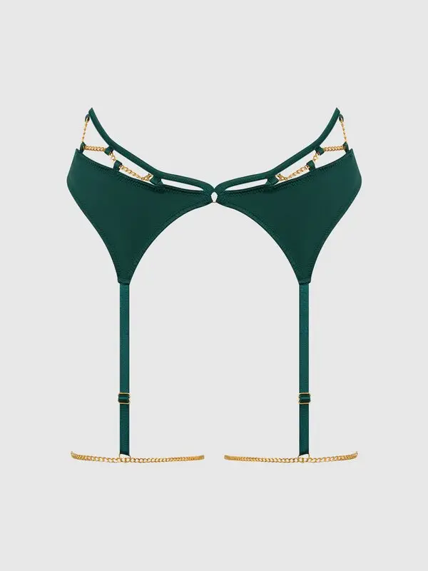 Frederick's Of Hollywood Emery Liquid Satin & Chain Thigh Garter Belt - Emerald