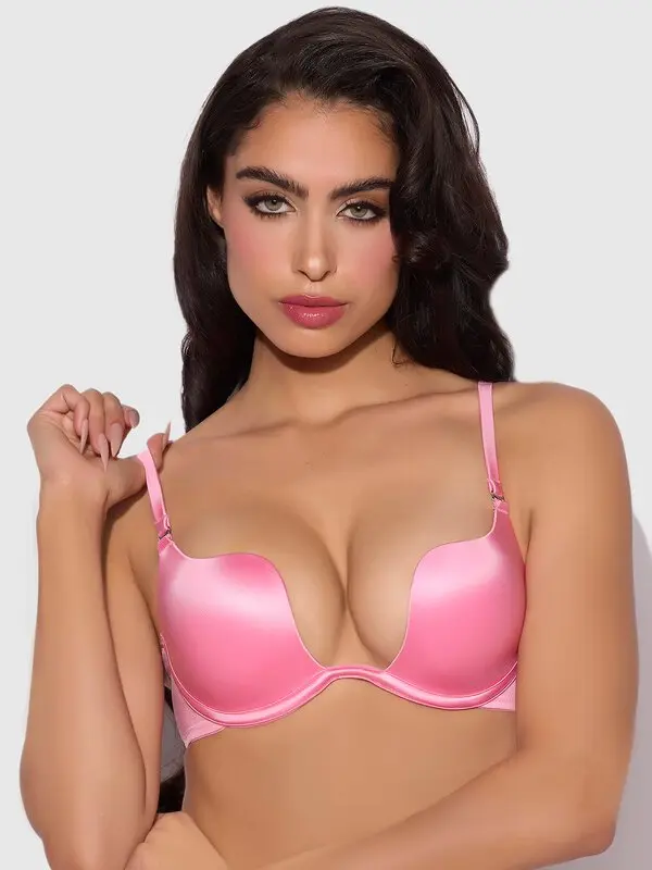 Frederick's Of Hollywood Rising Star Plunge Push Up Bra In Liquid Satin - Bubblegum Pink