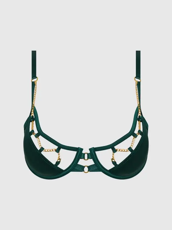 Frederick's Of Hollywood Emery Liquid Satin & Chain Bra - Emerald