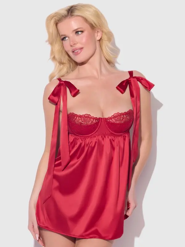 Frederick's Of Hollywood Melrose Satin & Embroidered Lace Babydoll Set - Crimson Red