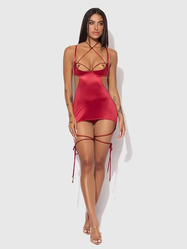Frederick's Of Hollywood Nadya Liquid Satin & Rope Open Back Chemise & G-string Set - Crimson Red