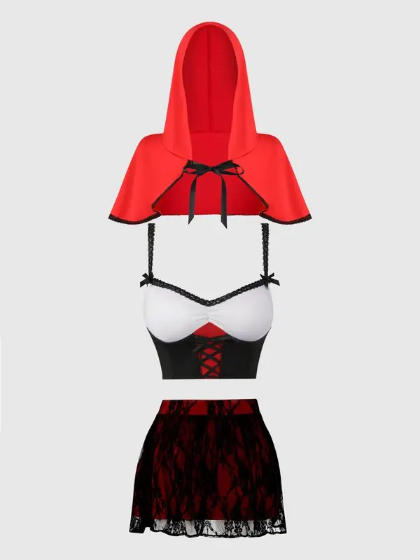 Frederick's Of Hollywood Bustier, Skirt, And Hood Set - Red/black