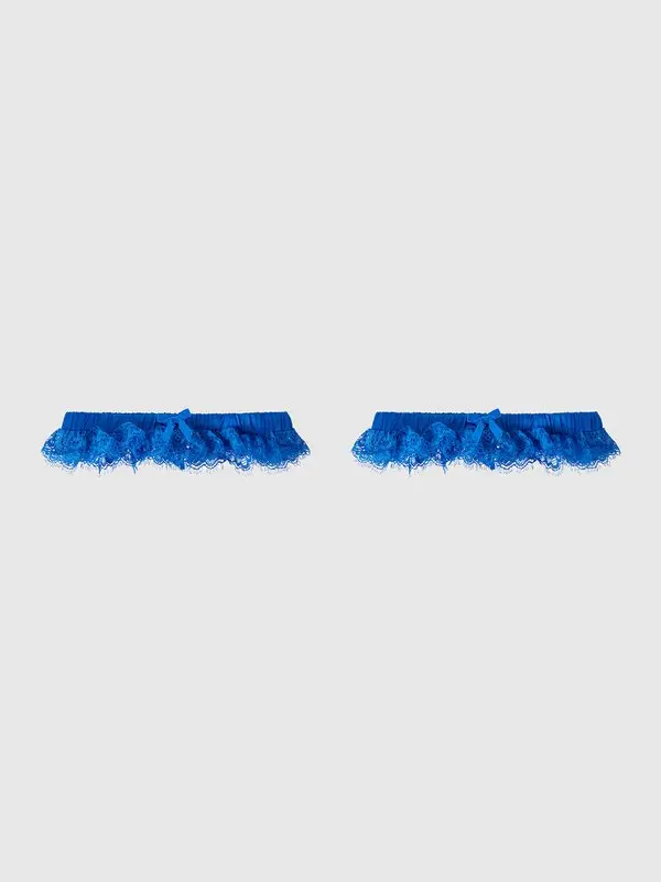 Frederick's Of Hollywood Adelaide Satin & Lace Thigh Garters - Cobalt Blue