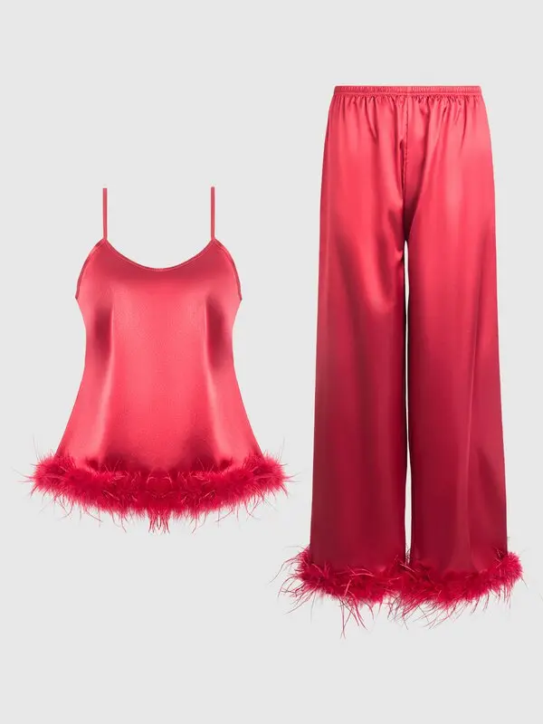 Frederick's Of Hollywood Scarlett Satin Sleep Cami & Long Pant With Feather Trim - Crimson Red