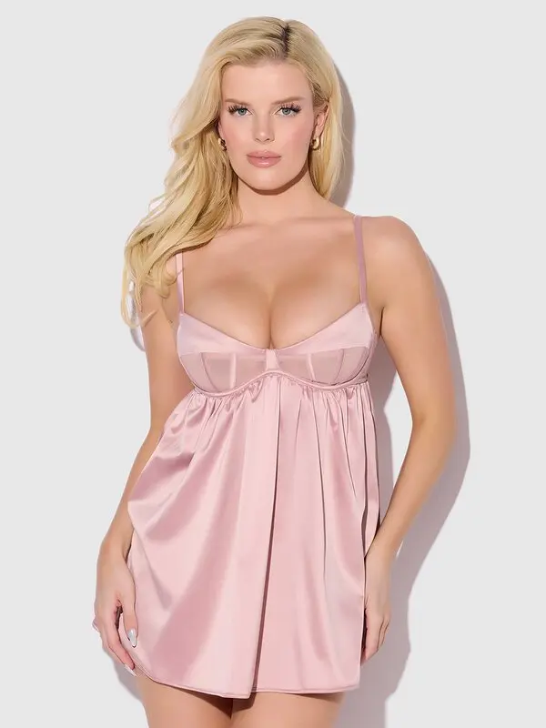 Frederick's Of Hollywood Petra Satin & Mesh Unlined Corset Cup Babydoll Set - Mauve